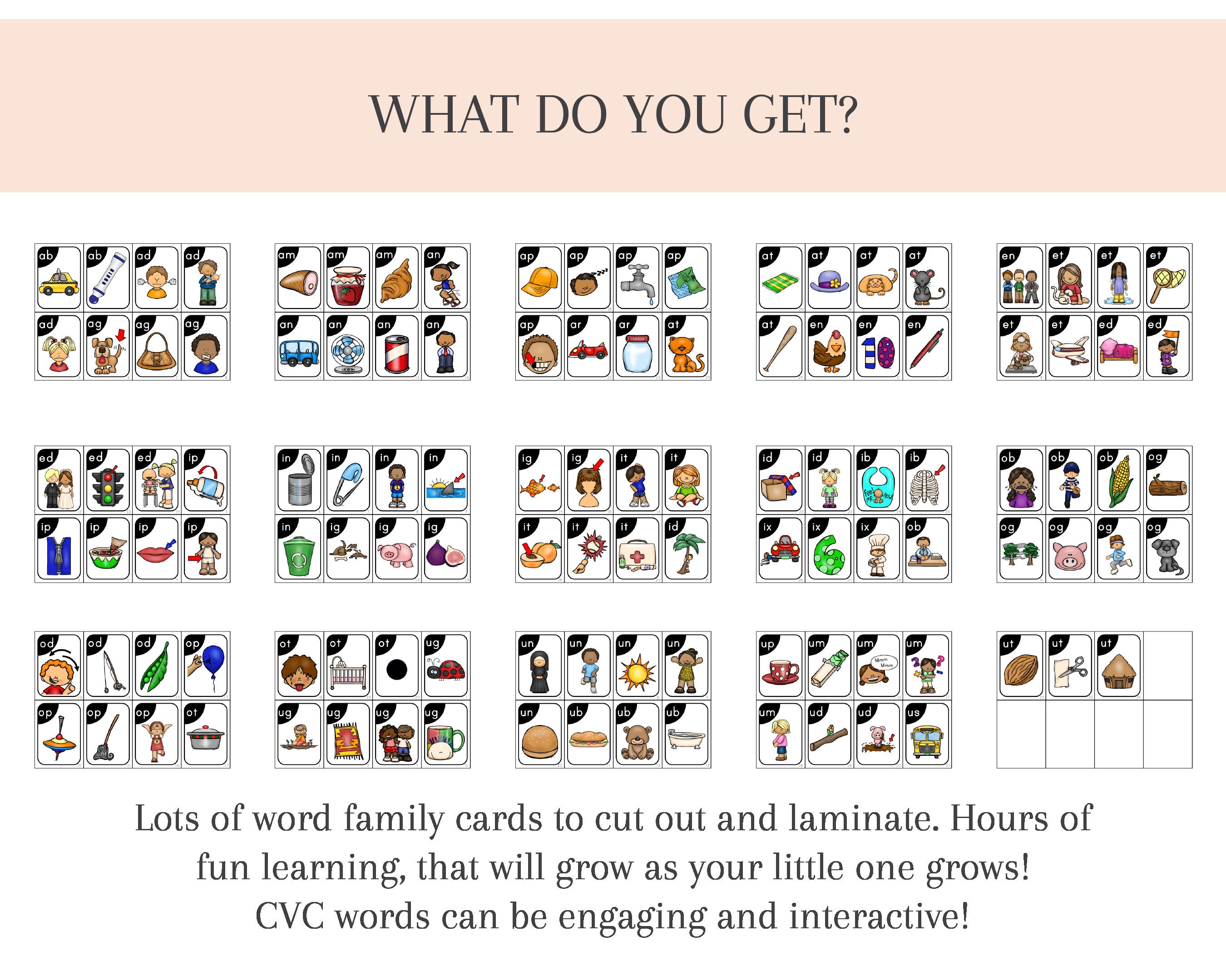 CVC Word Family Preschool Printables Phonics Mats, Kindergarten Kids ...