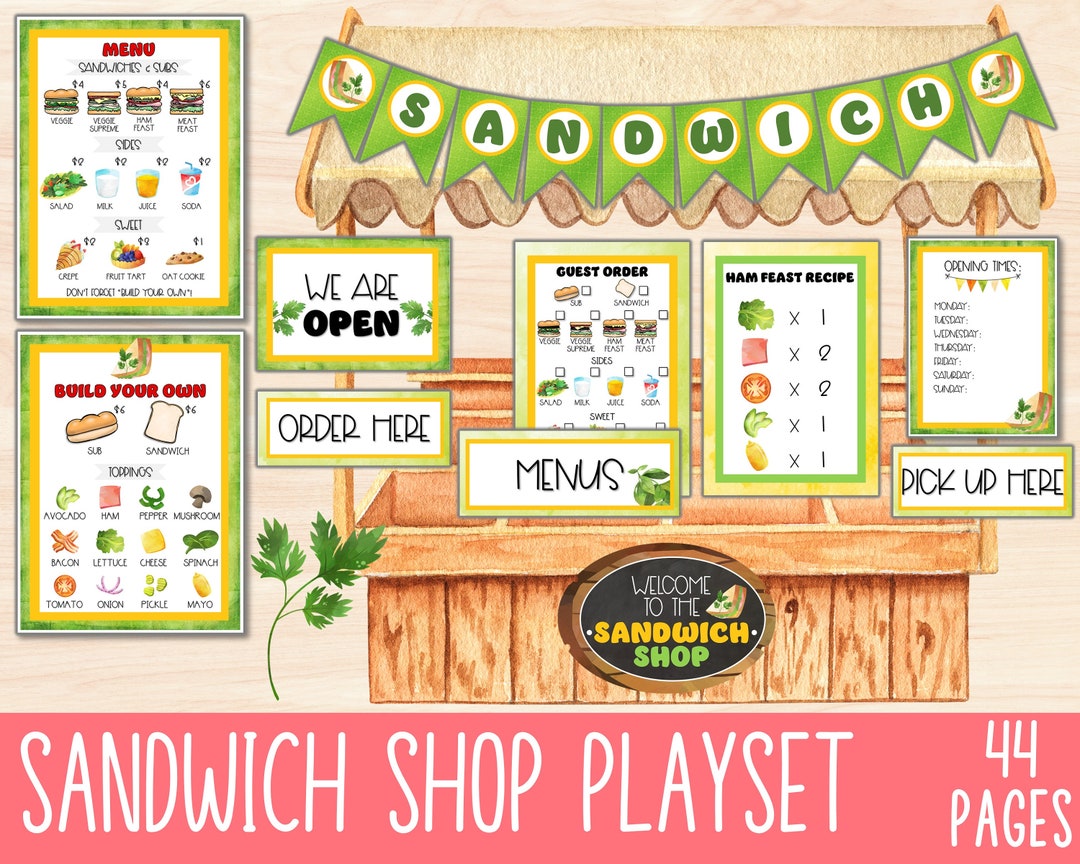 Sandwich Shop Dramatic Play, Sub Shop Pretend Play Set Printable, Cafe ...