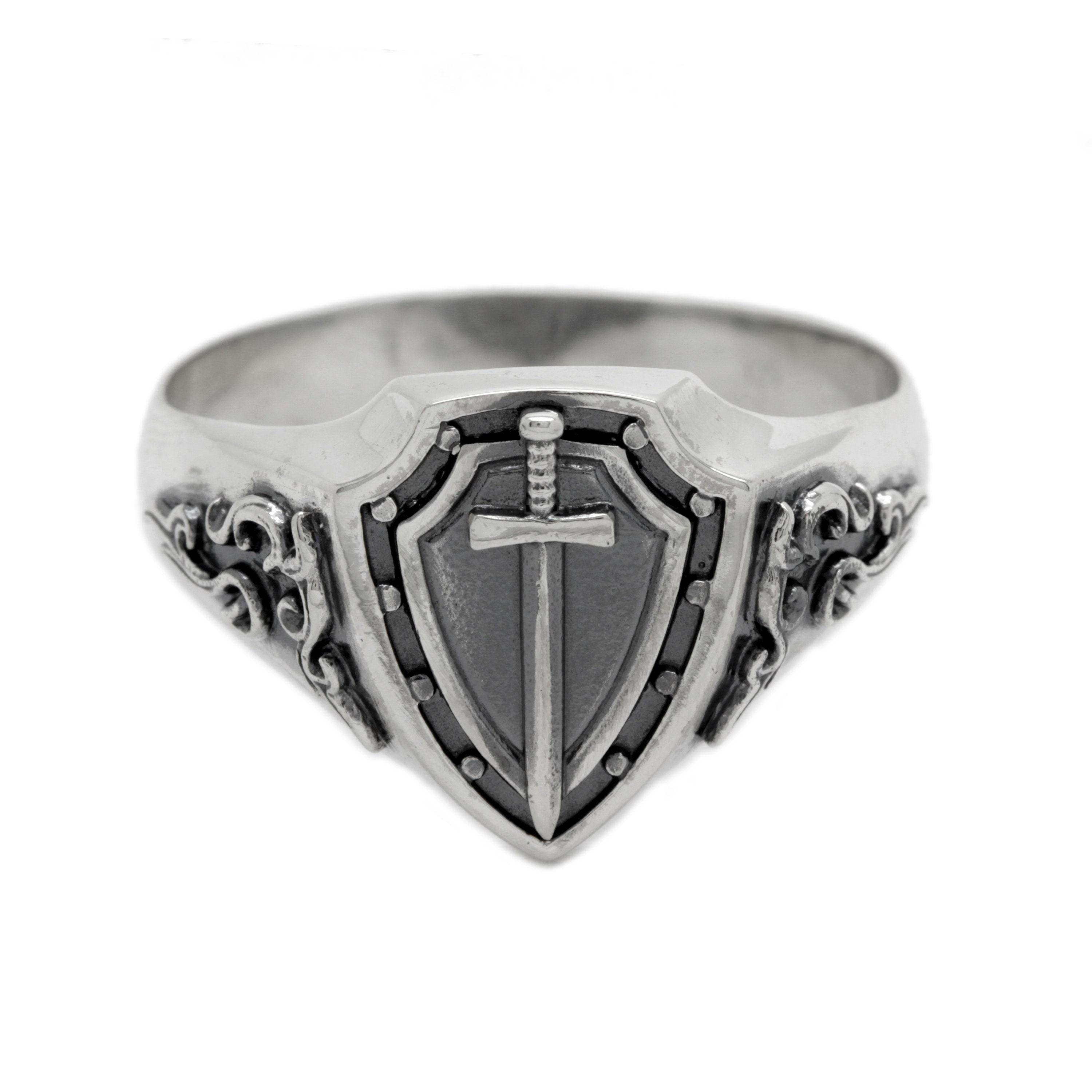 Shield and Sword Mens Signet Ring - Sterling Silver Ring - Pinky Ring ...