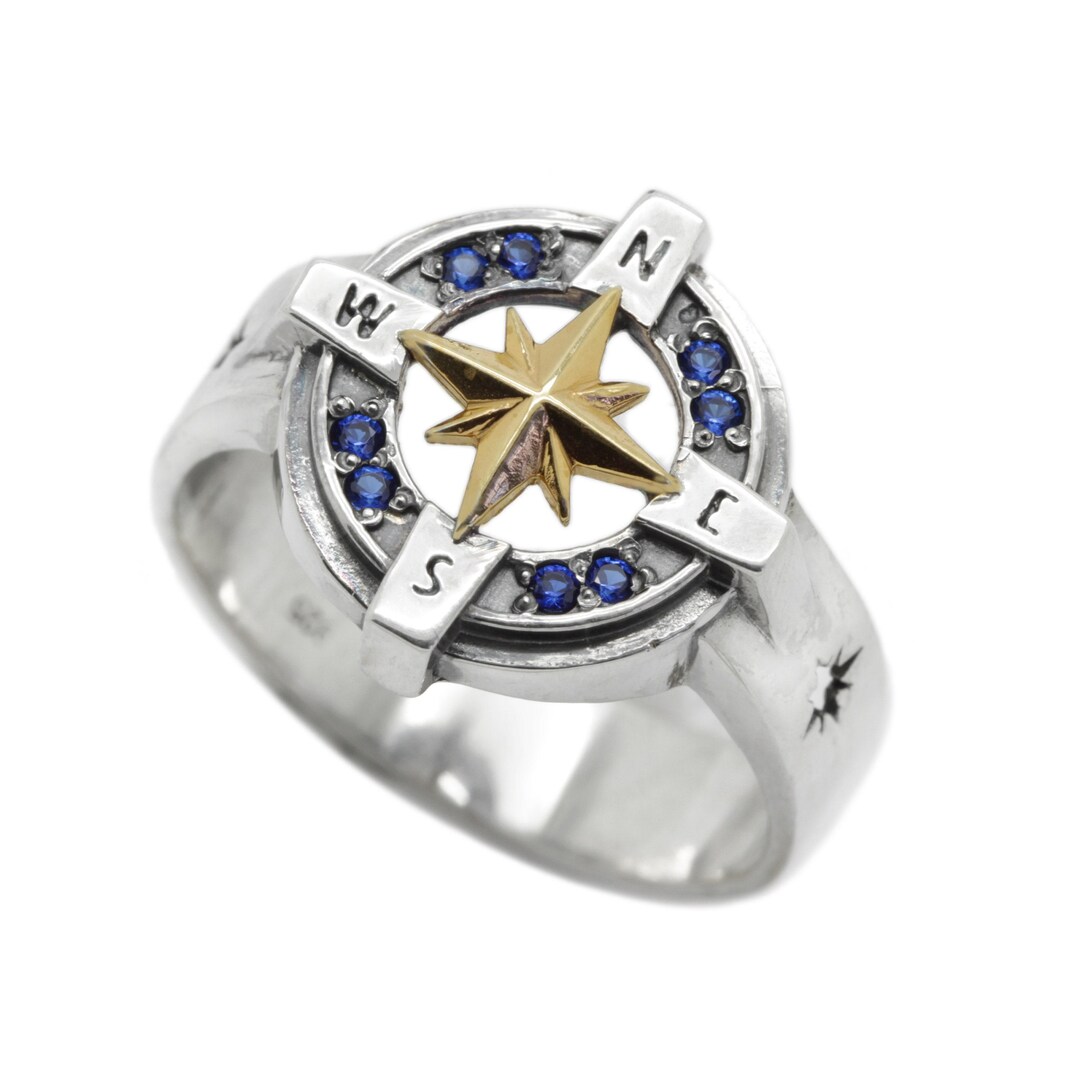Wind Rose Compass Ring: Silver Signet With Blue Zircon Stones - Etsy