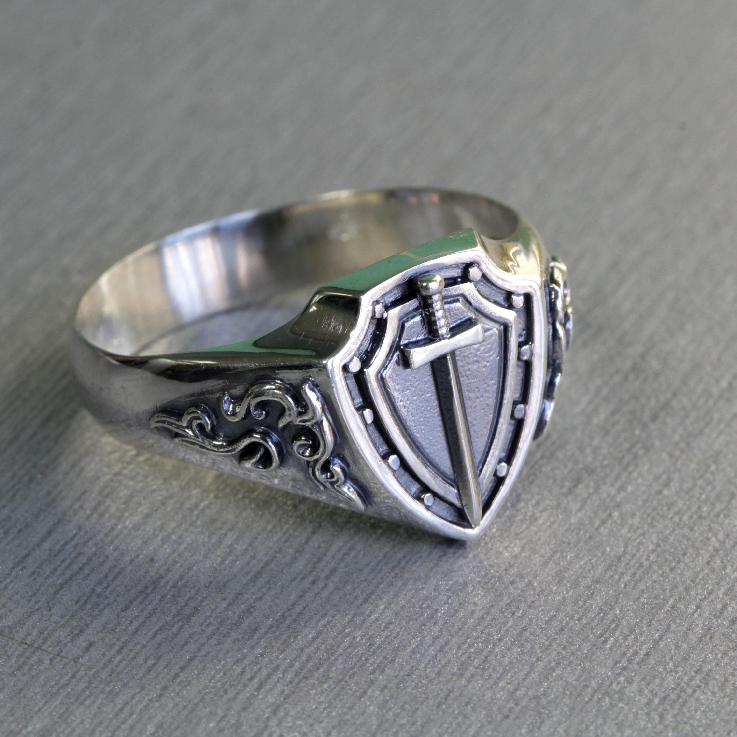 Shield and Sword Mens Signet Ring - Sterling Silver Ring - Pinky Ring ...