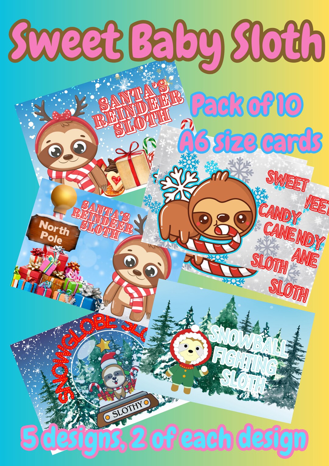 Sloth Christmas Cards, Cute Baby Sloth Funny Christmas Card Pack of 10 ...