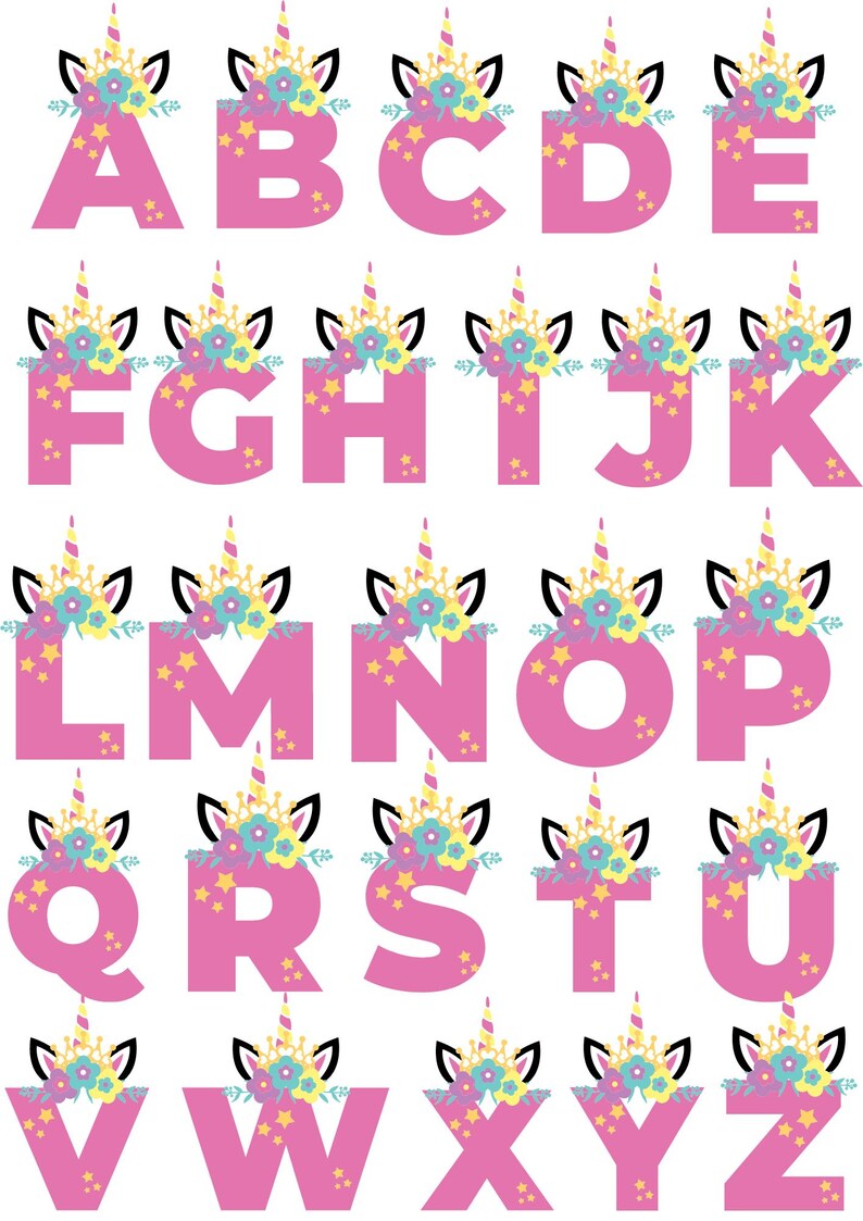 Unicorn Alphabet Prints, Digital Download, Girl Bedroom Wall Decor ...
