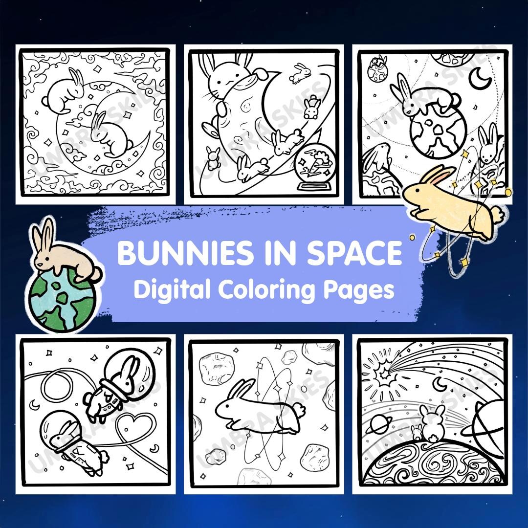 Bunnies in Space Digital Coloring Pages - Etsy