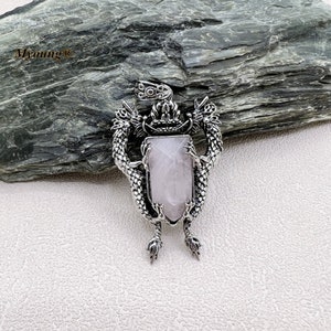 Vintage Silver Shield Shape Crystal Quartz Dragon Pendants,natural ...
