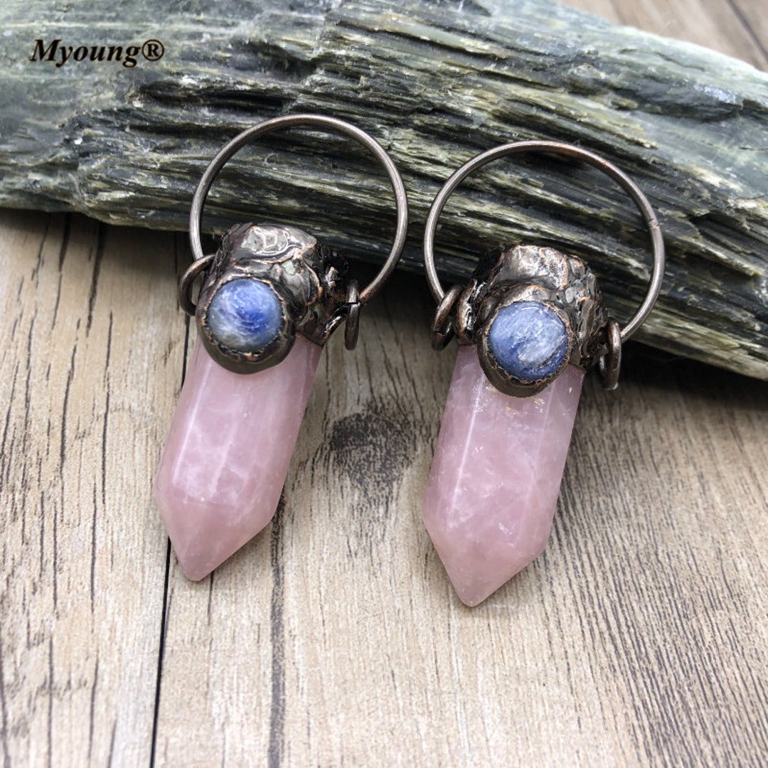 Bullet Rose Quartz Vintage Stone Pillar Point Pendant Antique Copper ...