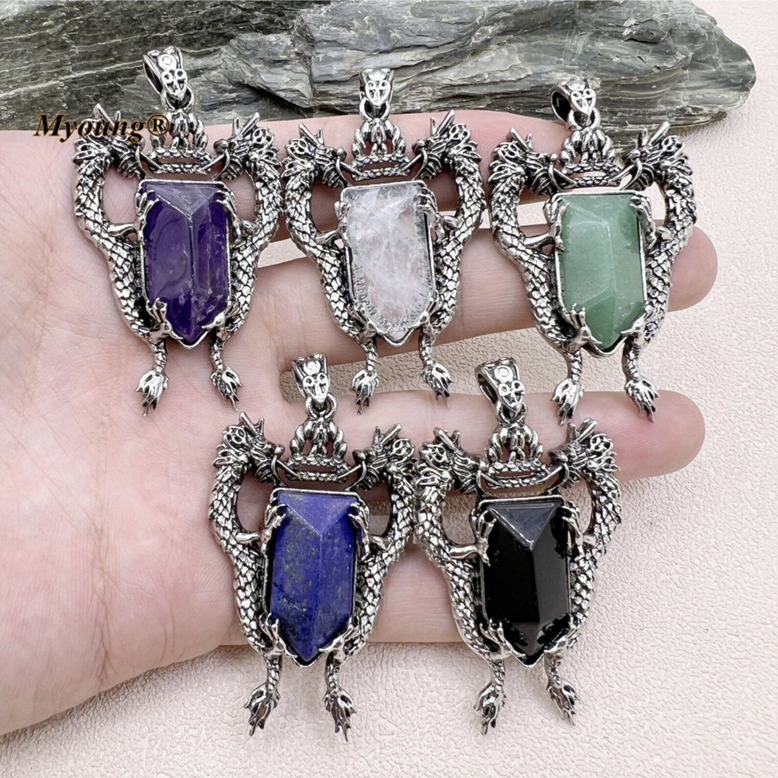 Vintage Silver Shield Shape Crystal Quartz Dragon Pendants,natural ...