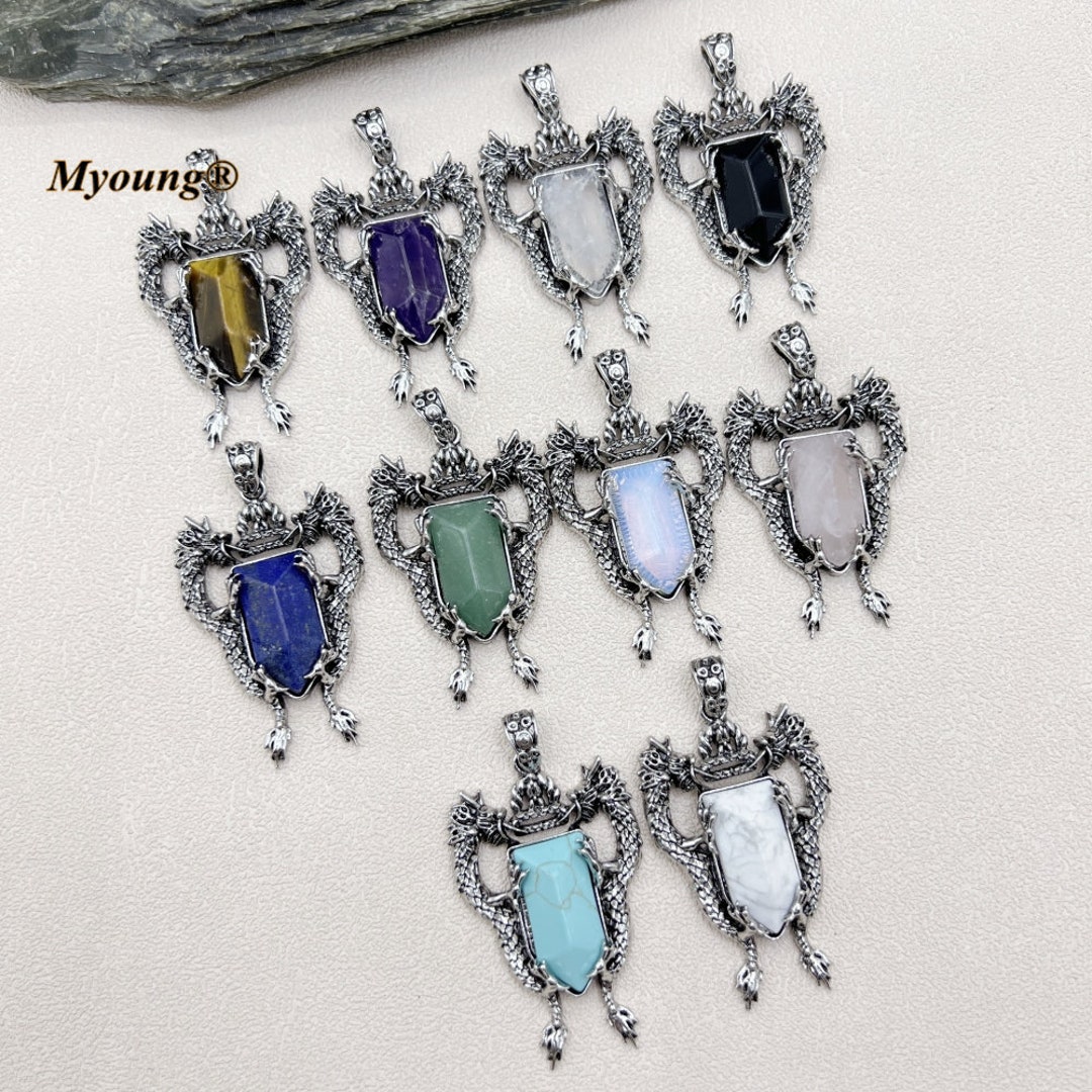 Vintage Silver Shield Shape Crystal Quartz Dragon Pendants,natural ...