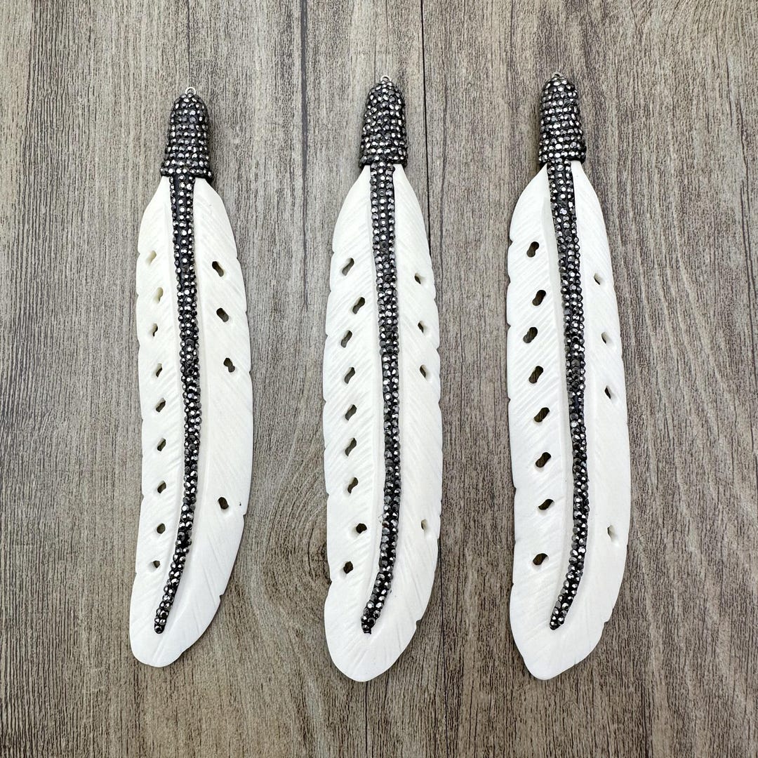 Large Rhinestone Paved Ox Bone Feather Pendant, Carved Bull Bone ...