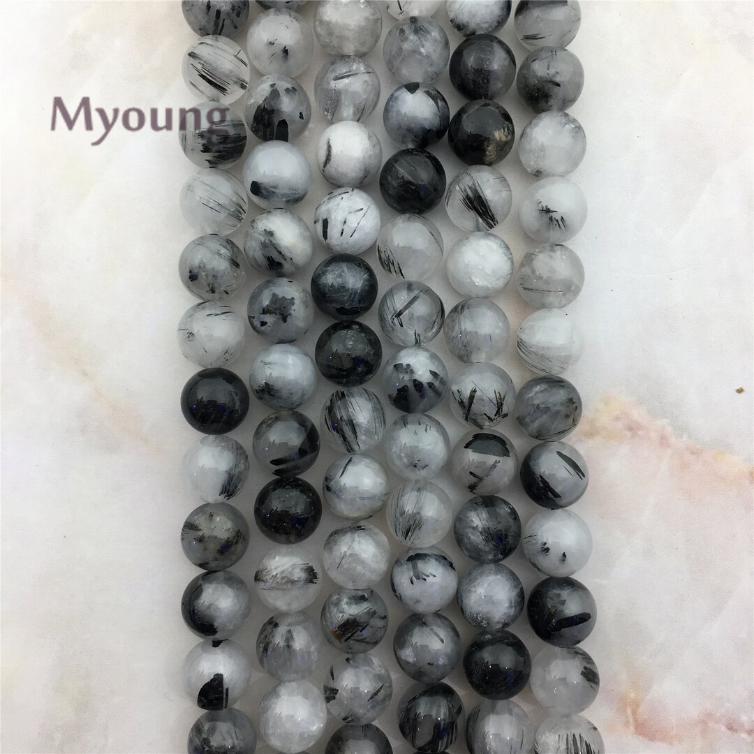 Genuine Round Black Rutilated Quartz Loose Beads, Smooth Hairstone ...