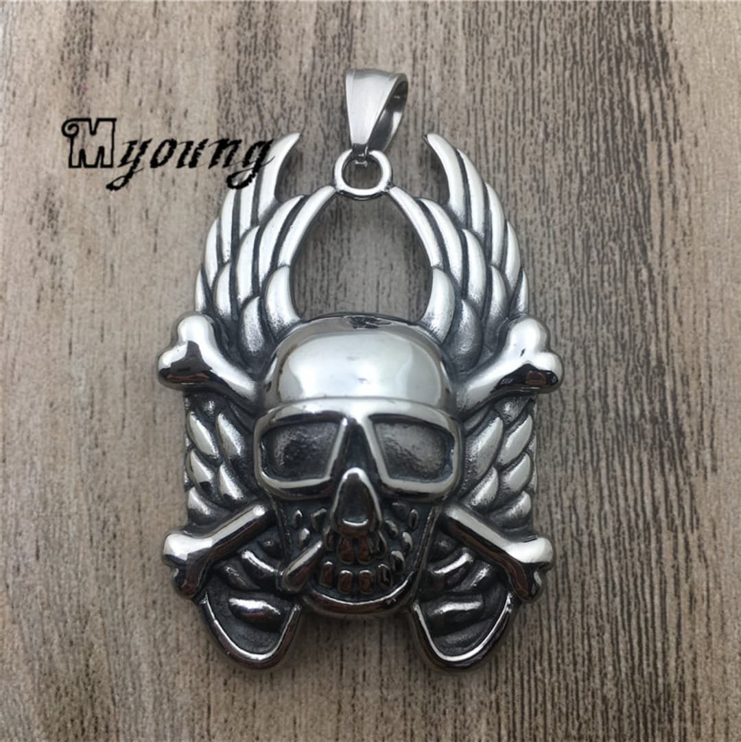 Punk Winged Stainless Steel Skull Head Pendant Antique Silver - Etsy