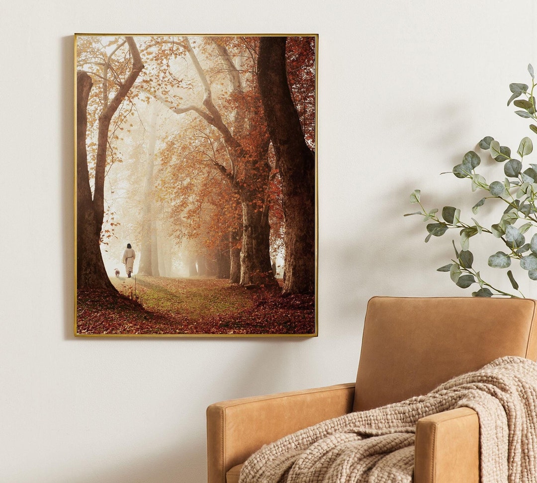 Jesus Christ Walking Lamb Through Autumn Trees, Christian Art, Jesus ...