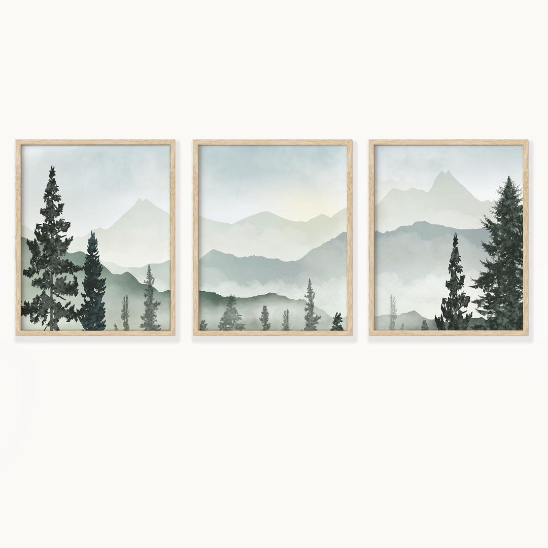 Woodland Forrest Mountain Watercolor Nursery 3 Print Set, Blue and ...