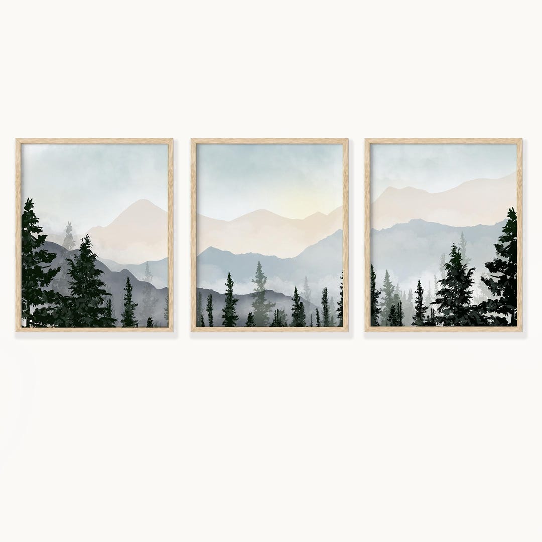 Woodland Forrest Mountain Watercolor Nursery 3 Print Set, Forest Wall ...