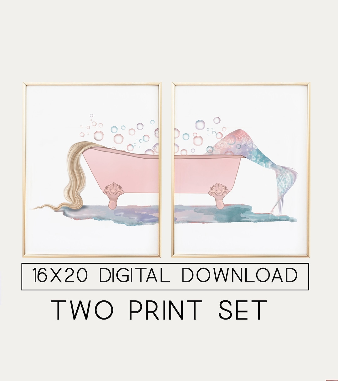 2 Print Mermaid in Bath Tub Art Printable, Mermaid Tail Bathroom Decor ...