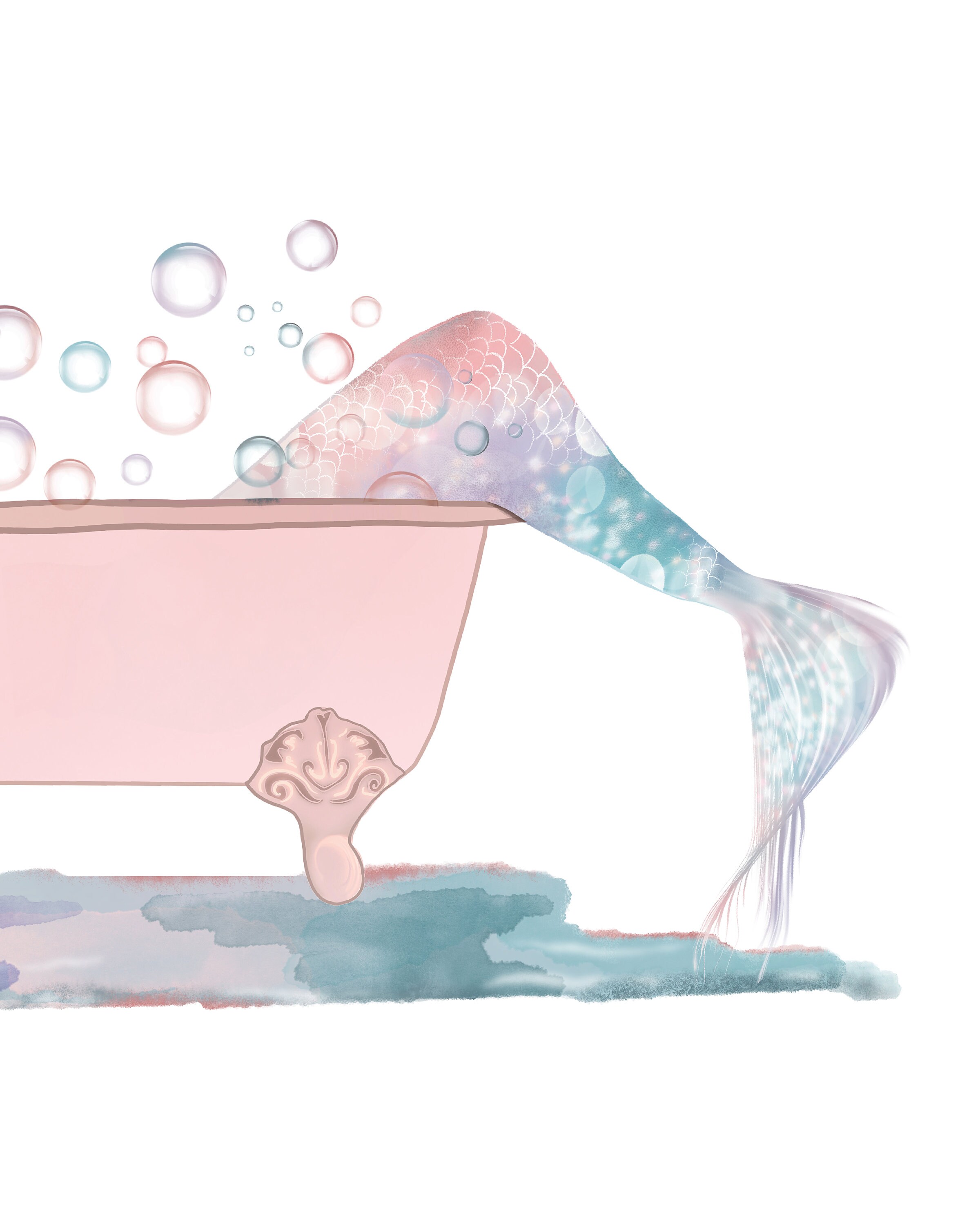 2 Print Set Mermaid in Bath Tub Art Printed and Shipped, Mermaid Tail ...