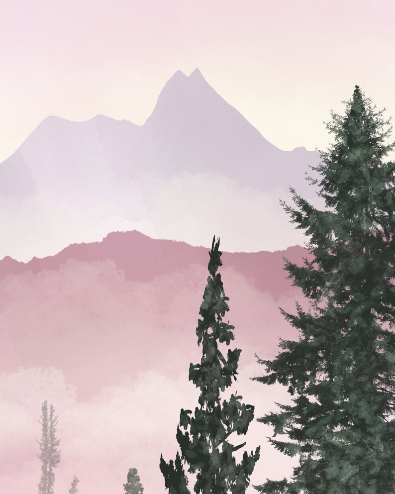 Pink Watercolor Woodland Forrest Pine Trees 16x20 Digital - Etsy