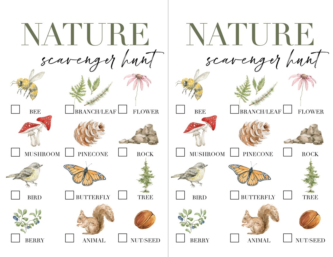 Printable Nature Scavenger Hunt for Kids, Watercolor Printable Activity ...