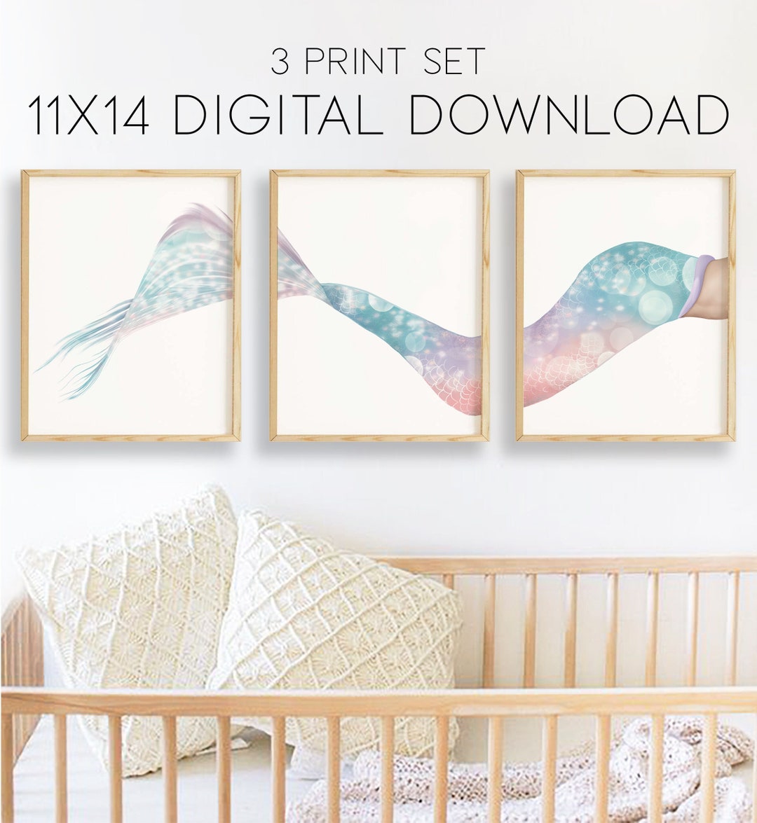 Mermaid Tail Print Little Girls Room Modern Nursery Decor , Set of 3 ...