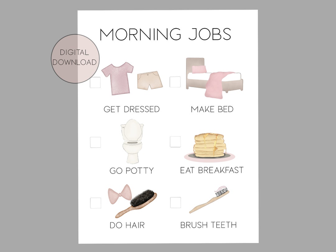 Kids Morning Chore Chart, Girls Pink Chore Chart, Simple Childrens ...