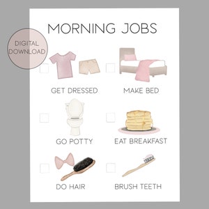 Kids Morning Chore Chart, Girls Pink Chore Chart, Simple Childrens ...