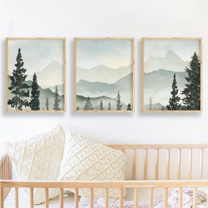 Woodland Forrest Mountain Watercolor Nursery 3 Print Set, Blue and ...