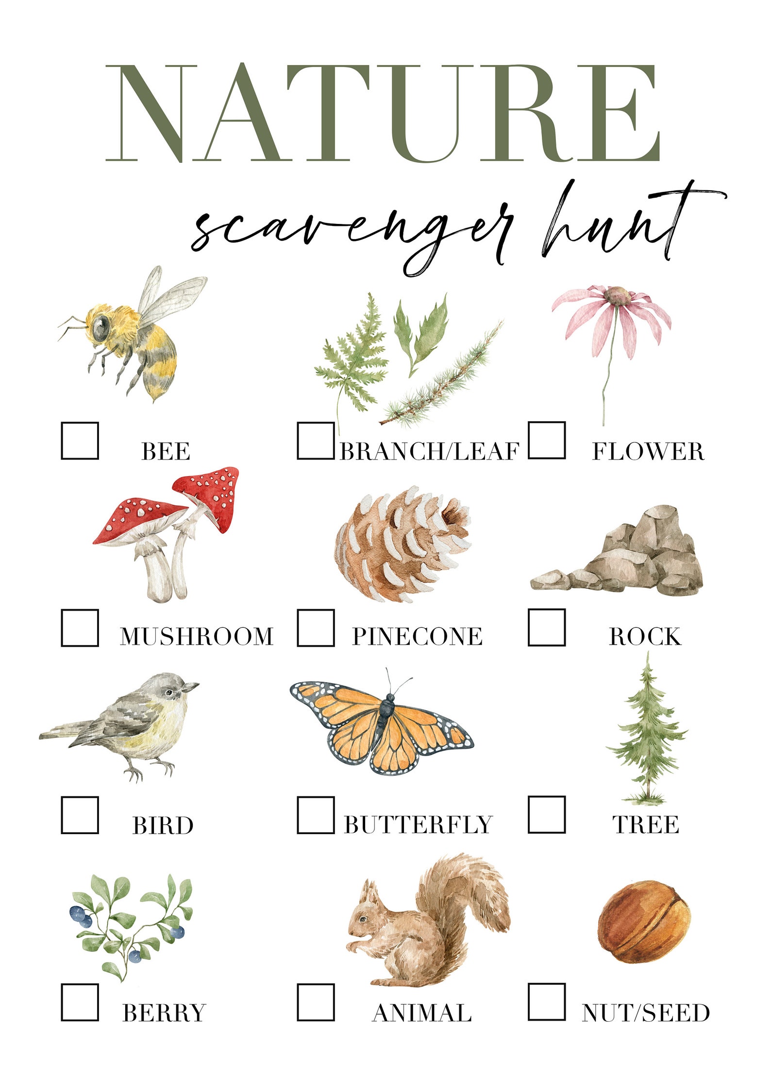 Printable Nature Scavenger Hunt for Kids Watercolor Printable | Etsy Canada