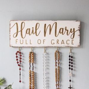 Rosary Wall Holder . Rustic Rosary Display Hail Mary Full of Grace ...