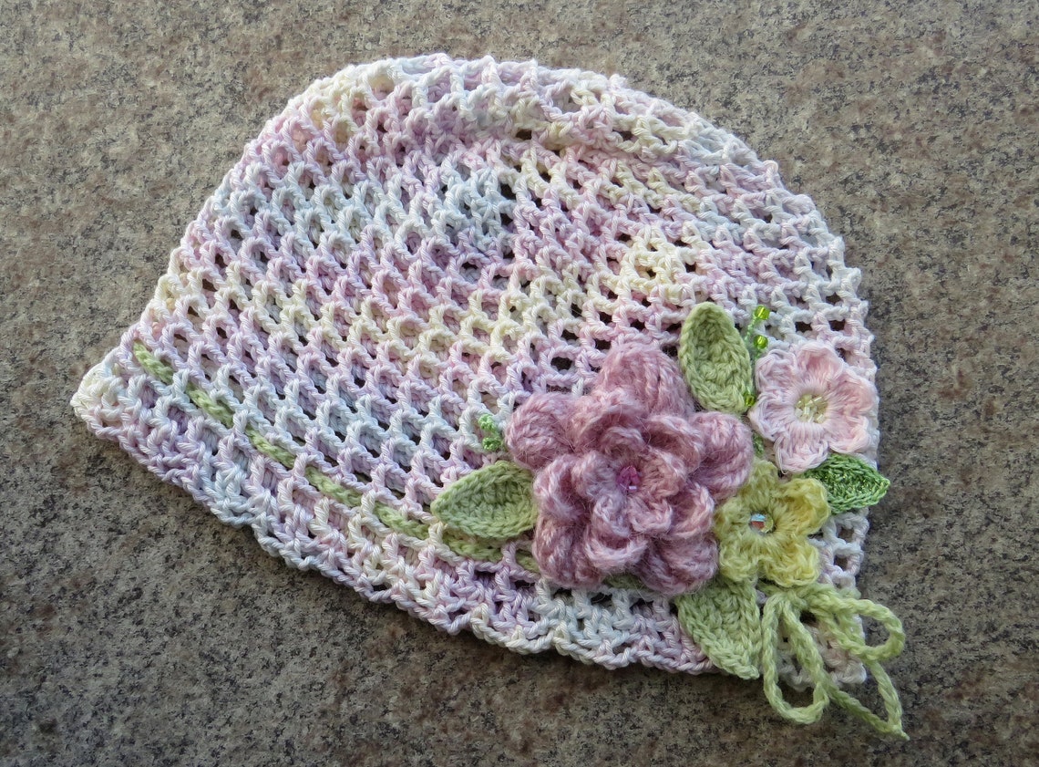 Girl's Knit Hat With Flowers Crochet Summer Beach Hat Floral Beanie ...