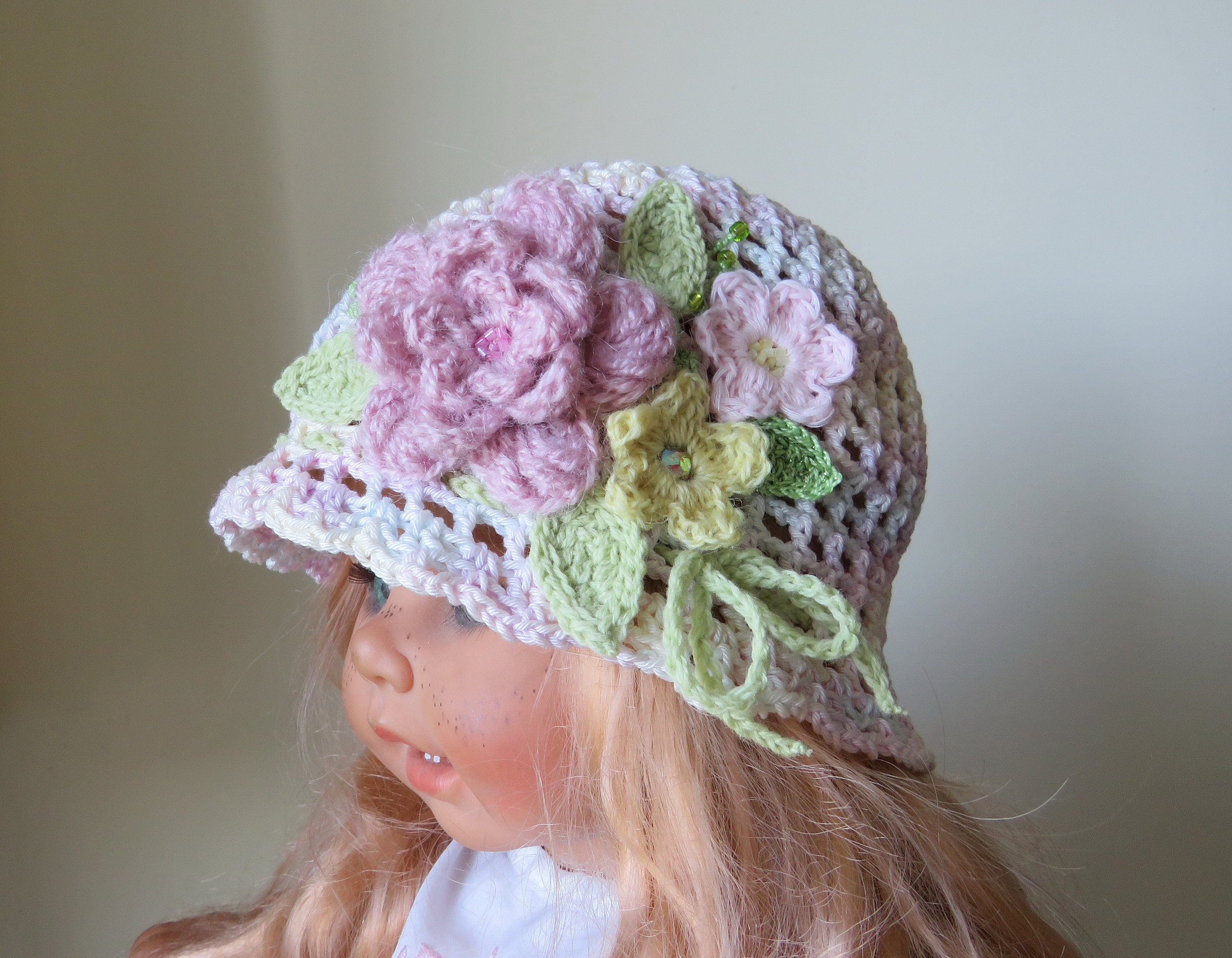 Girl's Knit Hat With Flowers Crochet Summer Beach Hat Floral Beanie ...
