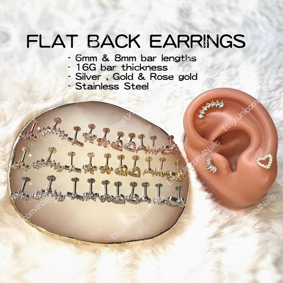 Cartilage Earrings Silver Stud Piercing Rhinestone Gem Flat Disc Back ...