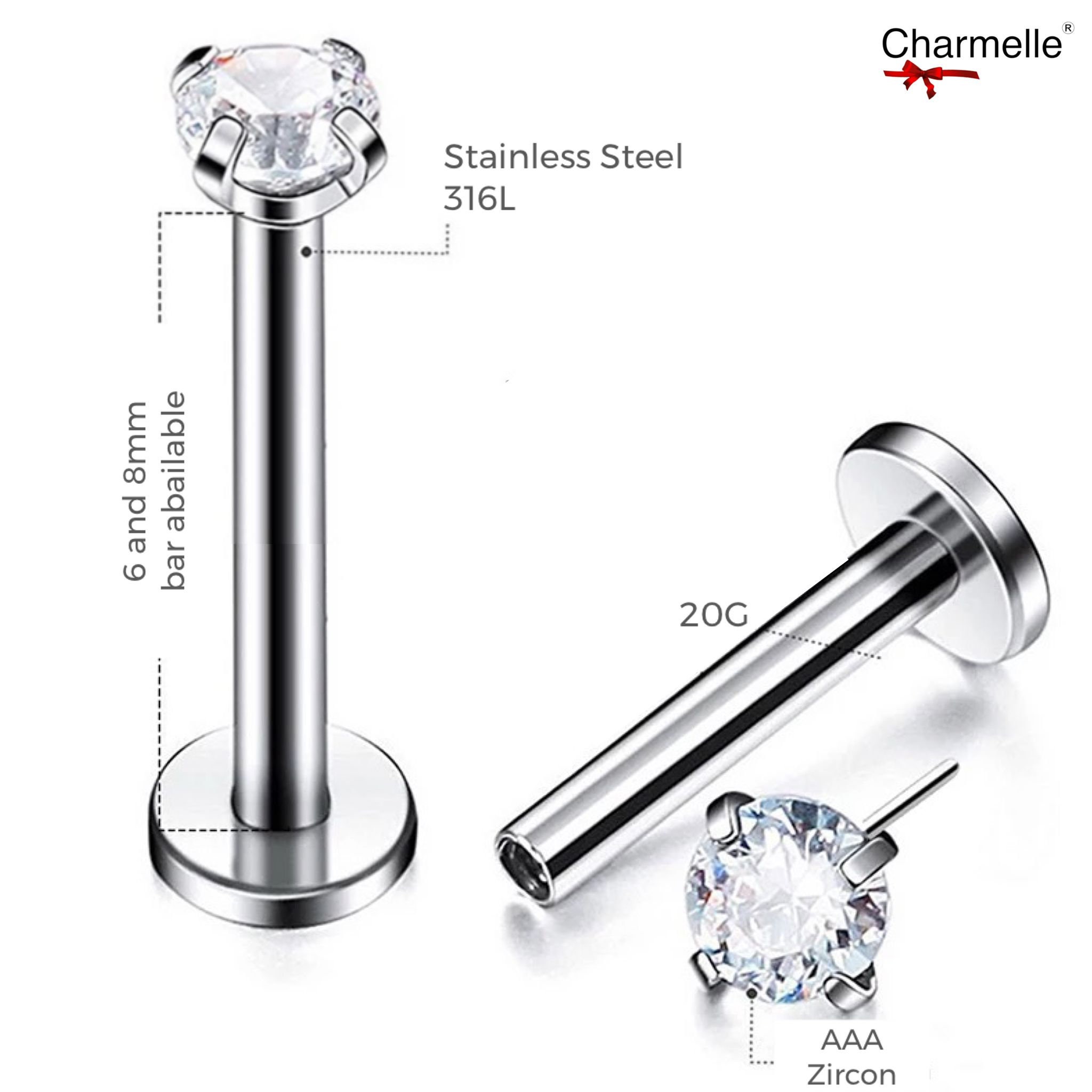 20G Cartilage Piercing Stud Push in Pin 6mm 8mm Bar Clear Gem - Etsy UK