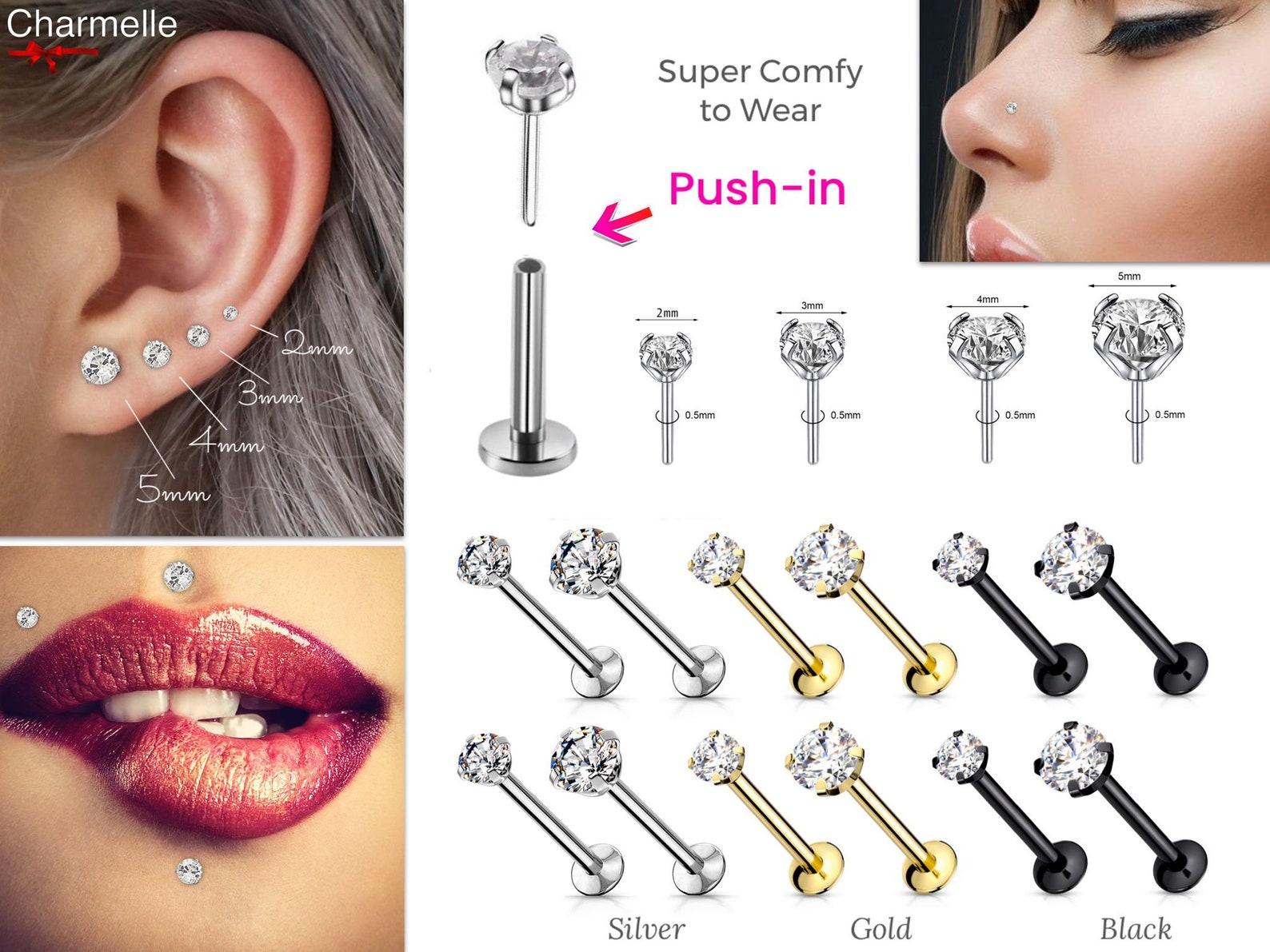 20G Cartilage Piercing Stud Push in Pin 6mm 8mm Bar Clear Gem - Etsy UK
