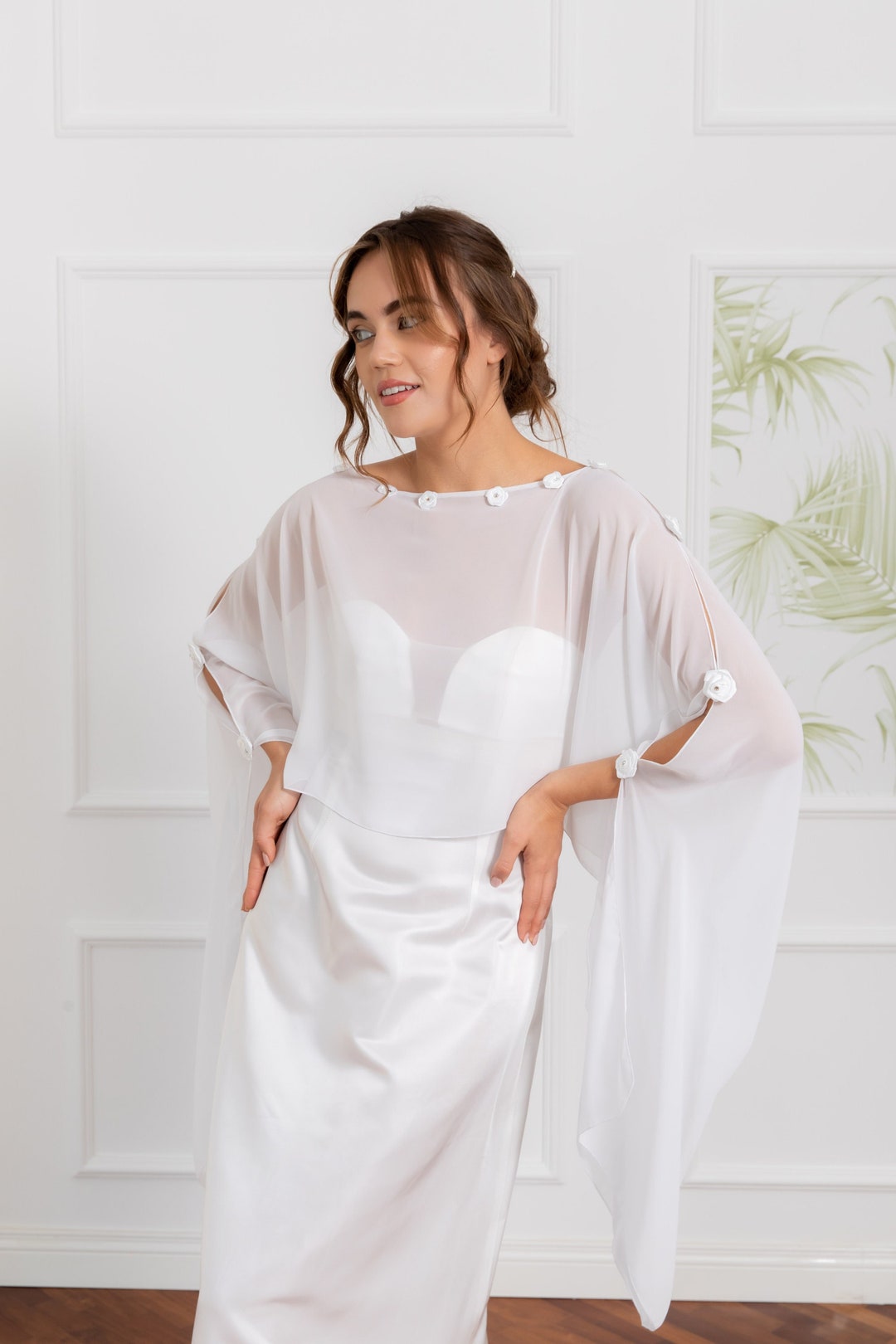 Bridal Capelet, White Silk Overlay, Bat Sleeves Topper, Floral Cover Up ...