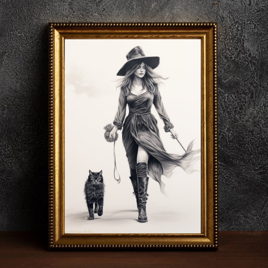 Witch Walking Her Cat - Hand Drawing Style Poster - Wall Art - Digital ...
