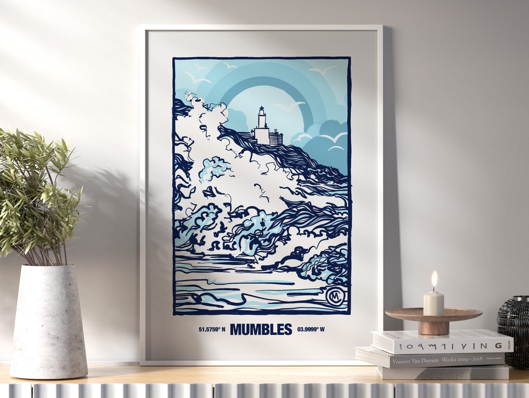Mumbles Lighthouse Swansea Welsh Blue Art Print Poster Home Wall Decor ...