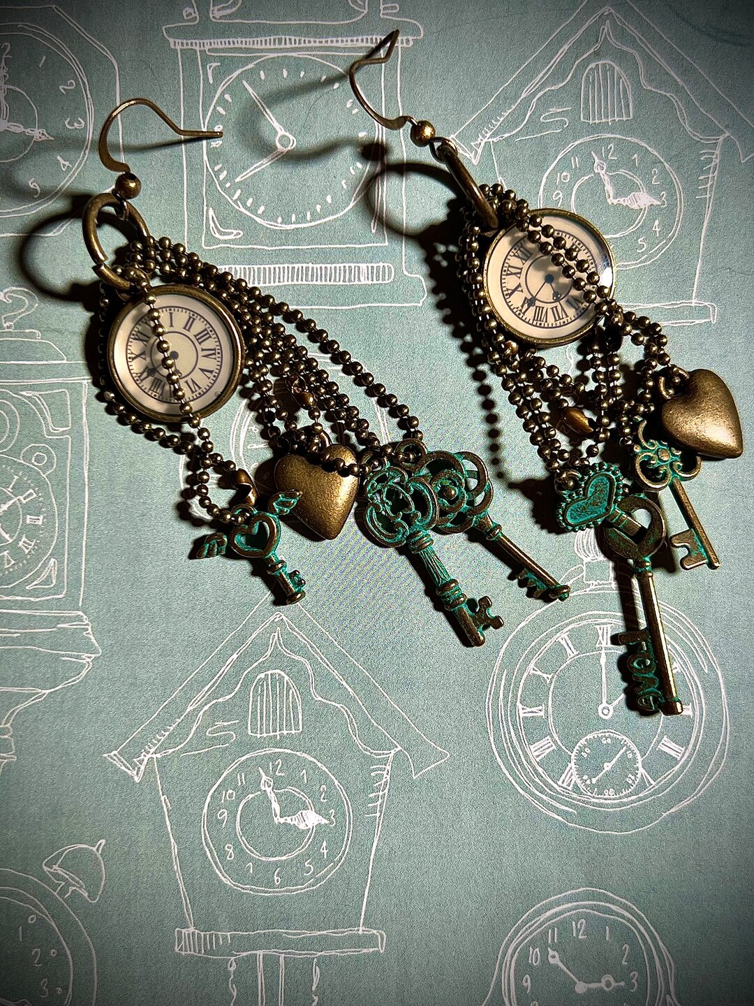 Clock Keys and Hearts Dangle Artisan Earrings Vintage Style Charm With ...
