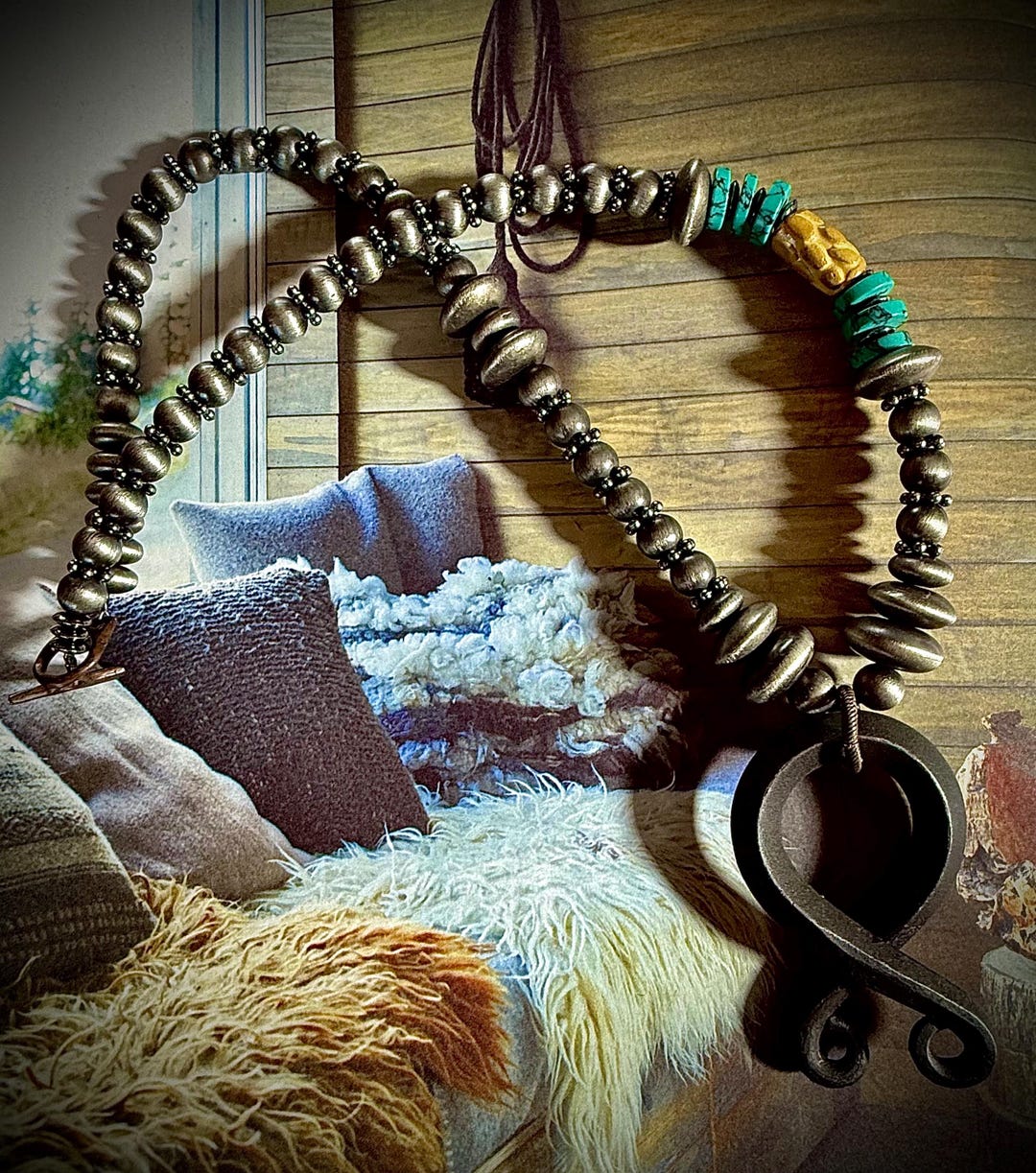 Hand Forged Iron Troll Cross Unisex Silver Turquoise and Bead Necklace ...