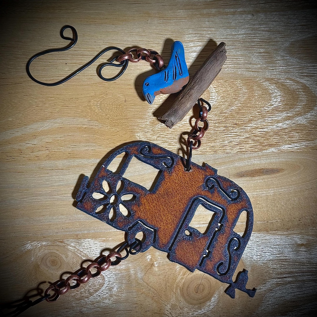 Happy Camper Three Bell Travel on Rustic Artisan Windchime With Wooden ...