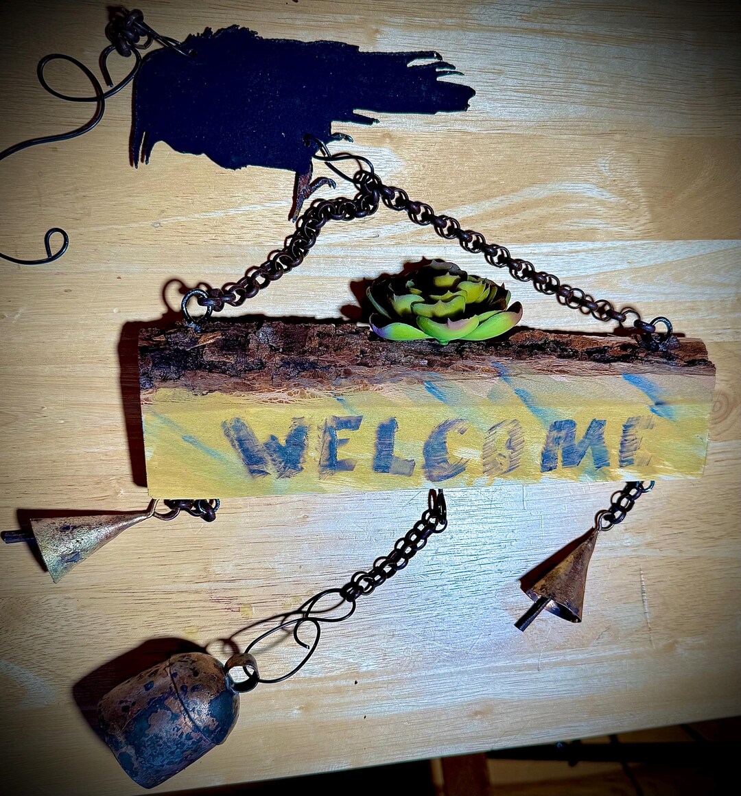 Black Raven Wooden Welcome Windchime With Succulent and Three Golden ...