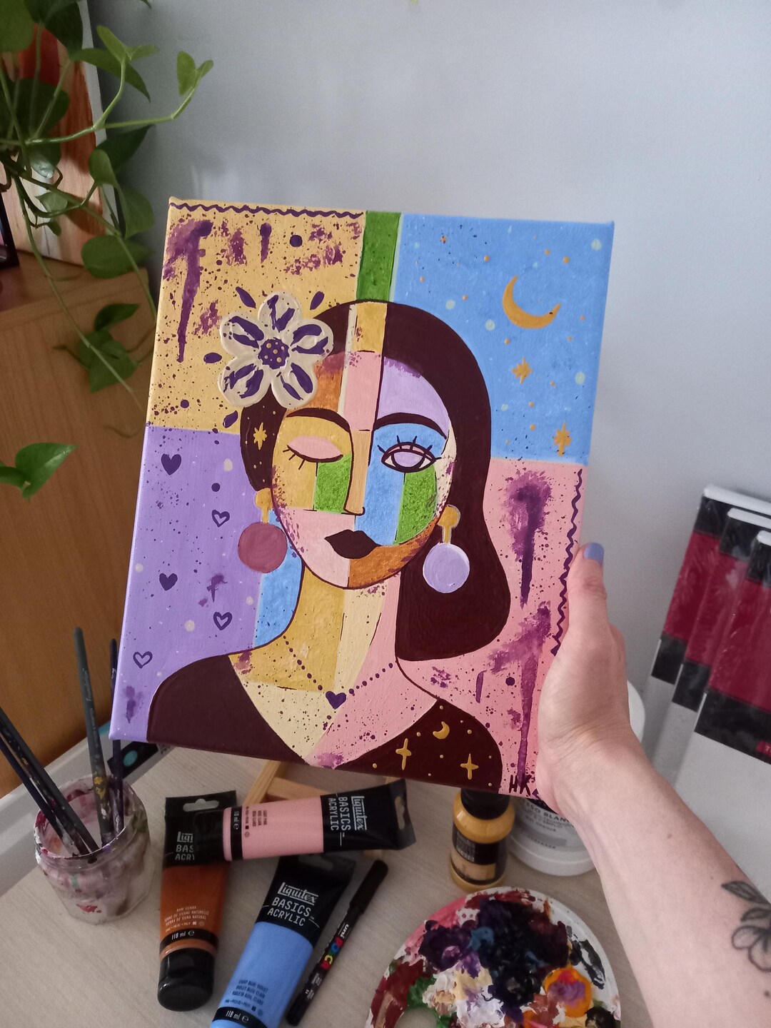 Multicolored Female Cubist Portrait - Unique Hand-painted Painting ...