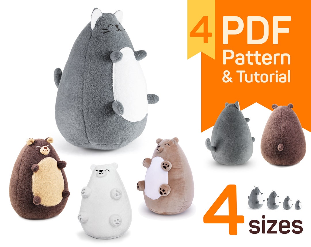4 Plush Stuffed Animal Sewing Patterns: Cute Plushies Teddy Bear ...