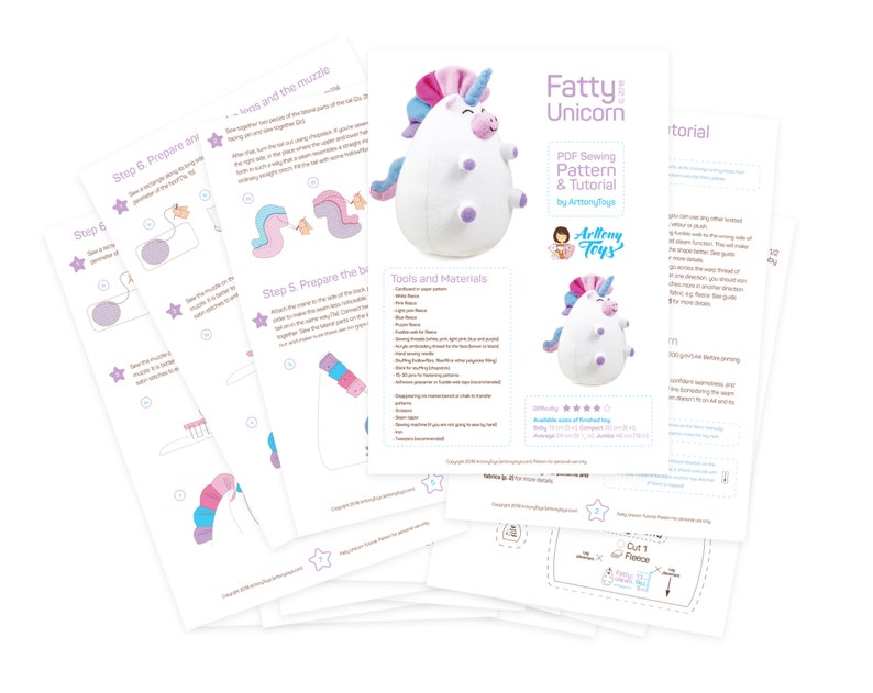Unicorn Sewing Pattern PDF: Fat Cute Unicorn Plush Toy Pattern - Etsy ...