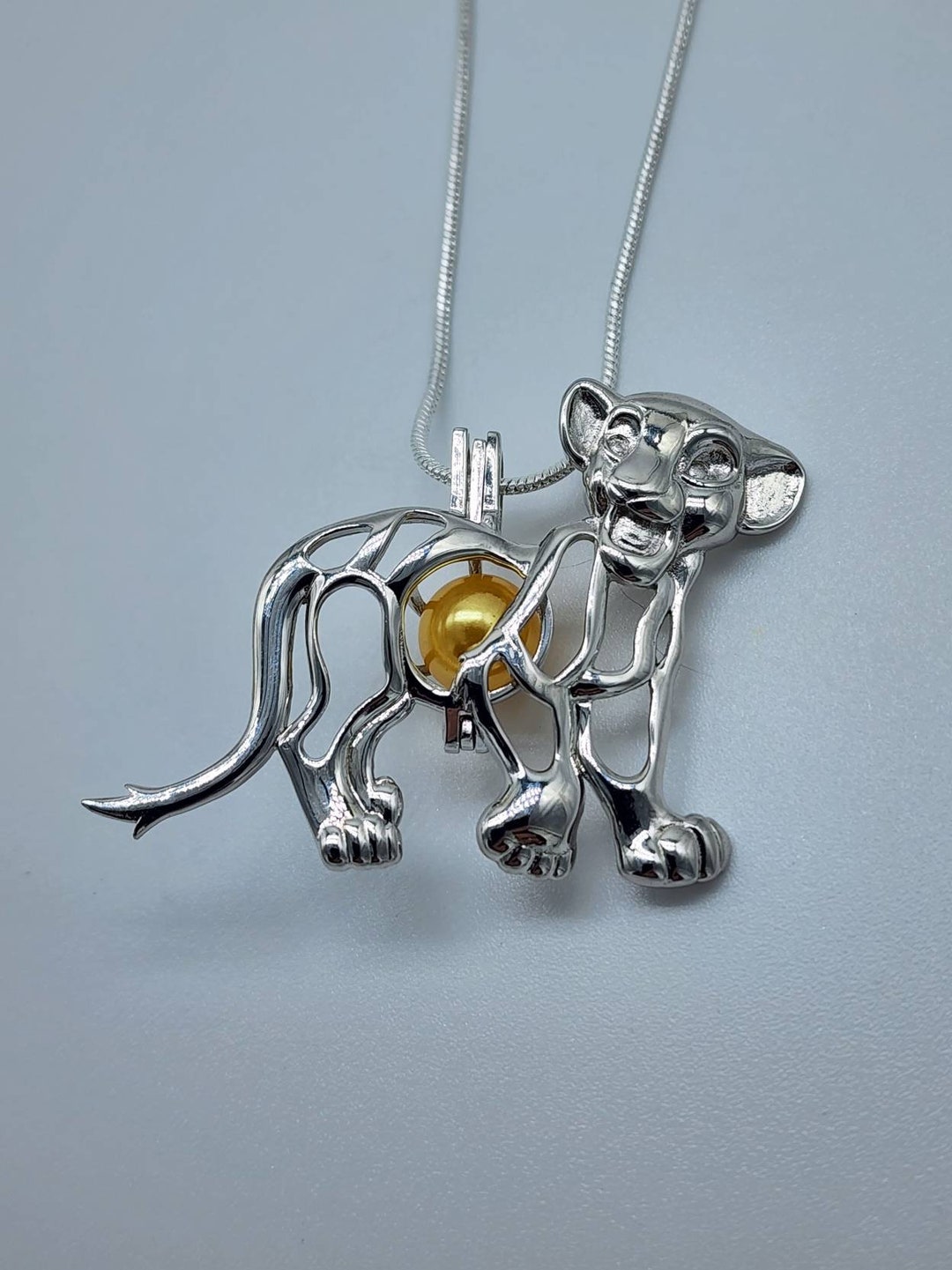 925 Sterling Silver Simba Lion King Disney Pearl Cage Pendant With 20 ...