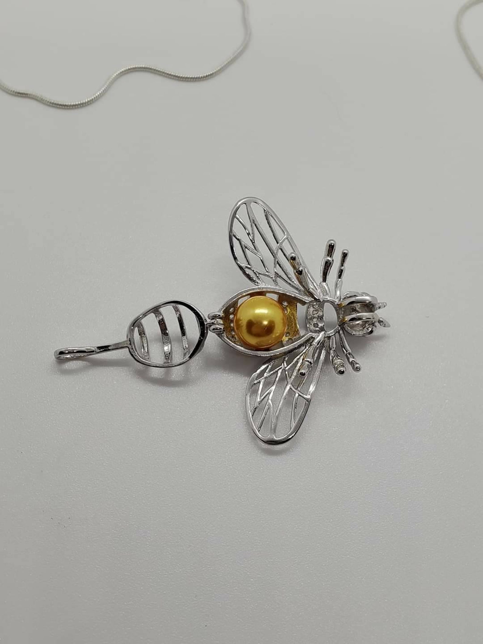 Sterling Silver Bee Pearl Cage Pendan With 20 in Sterling Silver Snake ...