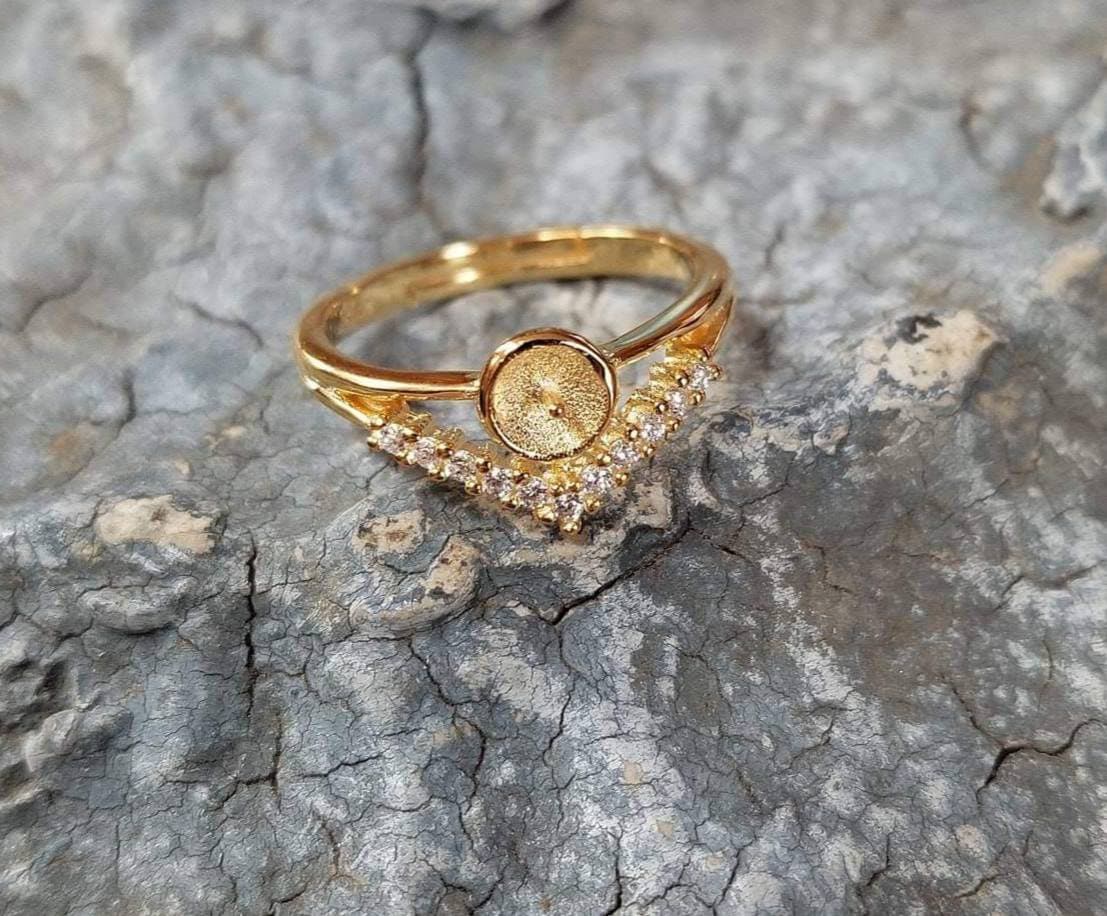 925 Sterling Silver Gold "v" Adjustable Pearl Ring Mount (pearl NOT ...