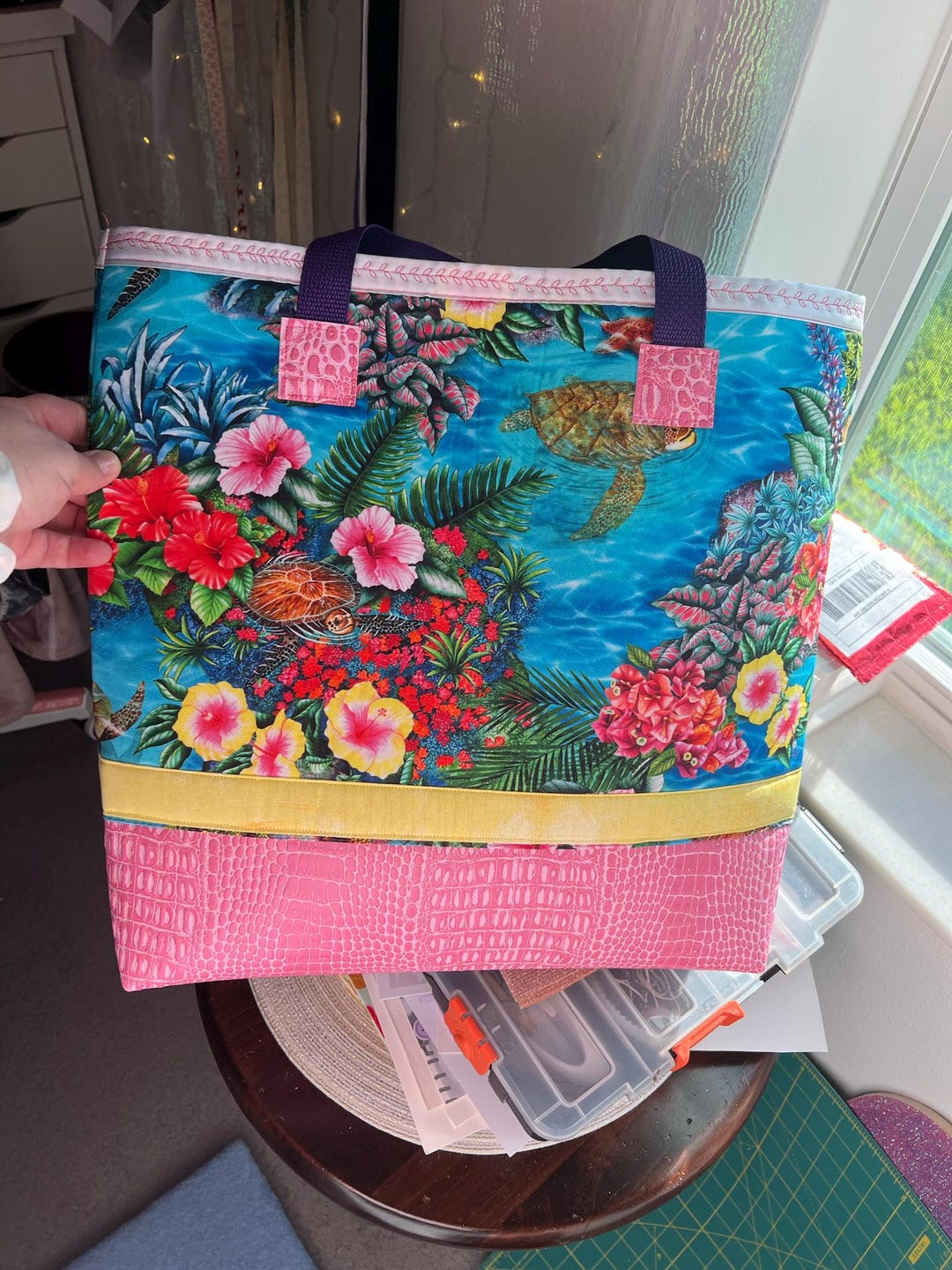 Tote Bag With a Bold Tropical With Sea Turtles Print & Pink Vinyl ...