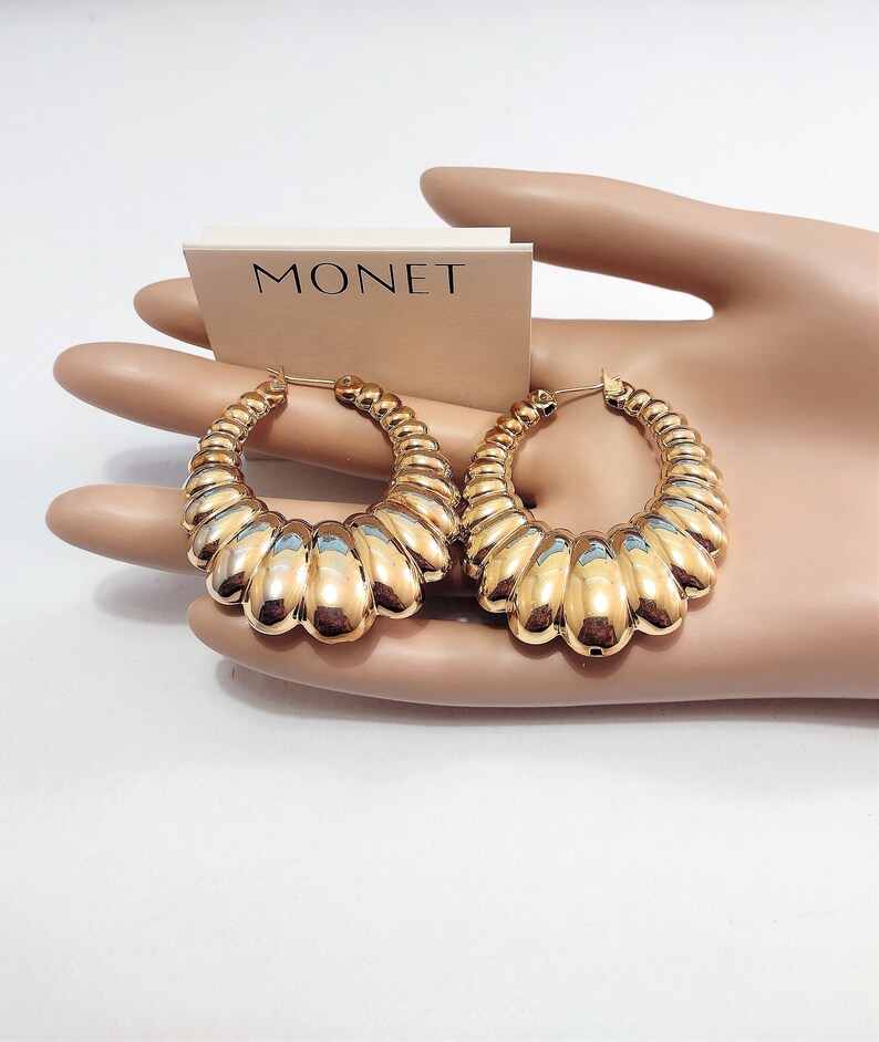 1 7/8 Monet Extra Large Shrimp Graduated Hoops Pierced Earrings Gold ...