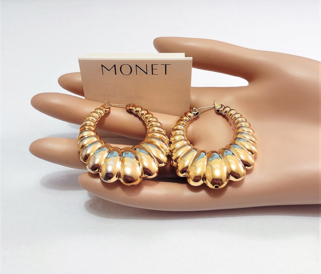 1 7/8" Monet Extra Large Shrimp Graduated Hoops Pierced Earrings Gold ...