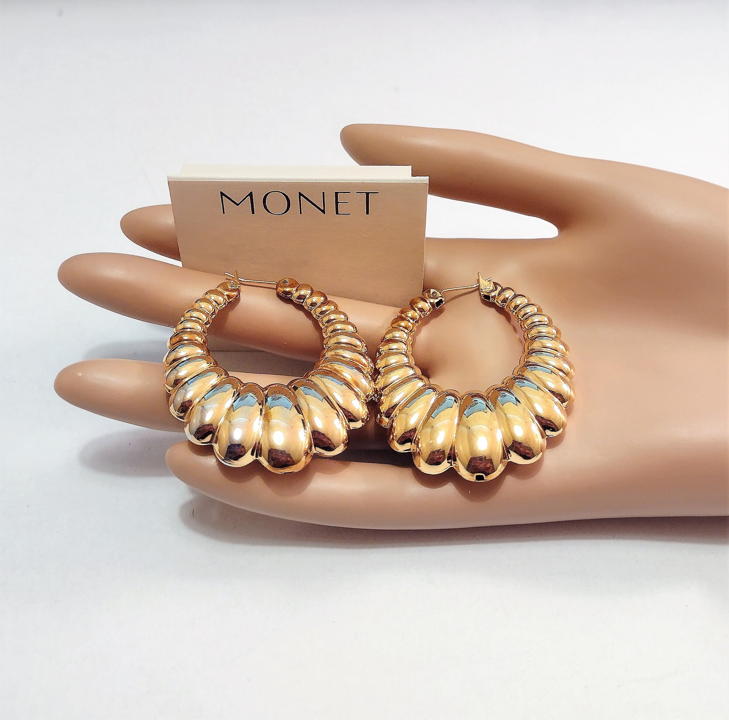 1 7/8 Monet Extra Large Shrimp Graduated Hoops Pierced Earrings Gold ...